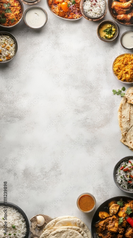 Indian ethnic food buffet on white concrete table from above: curry ...
