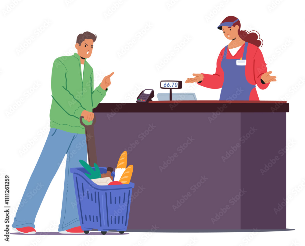Man customer quarreling with cashier at supermarket due to broken ...