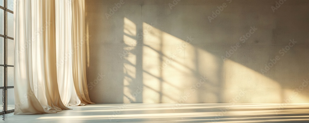 Empty room with light beige walls, floor. Sunlight streams through ...
