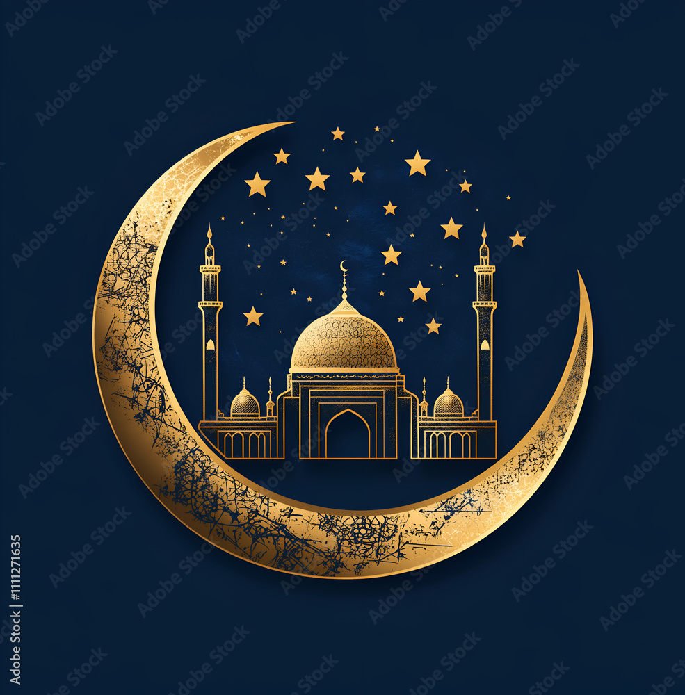 Logo of a crescent moon with an outline of Masjid al-Haram and a mosque ...