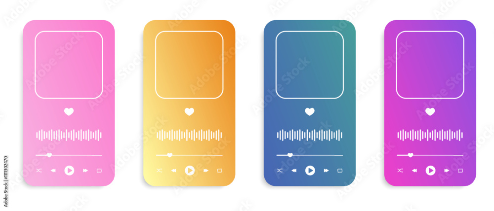 Set of colorful audioplayer interface templates with album cover frame ...