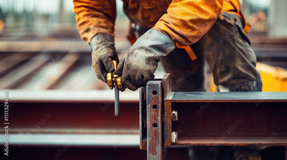 A close-up of an ironworker bolting structural steel beams together at ...