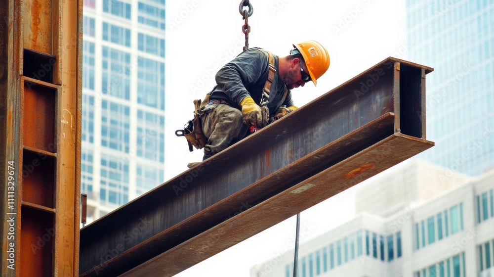 A close-up of an ironworker bolting structural steel beams together at ...