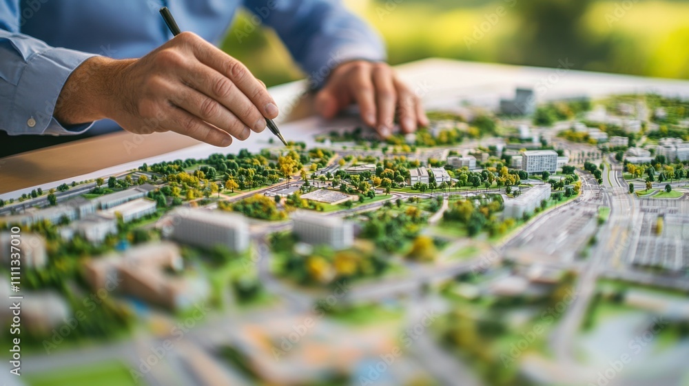 A detailed shot of an urban planner reviewing plans for a sustainable ...