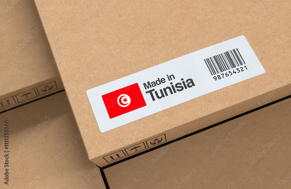 Cardboard Boxes with Tunisia Flag, Made in Tunisia Label, and Barcode ...