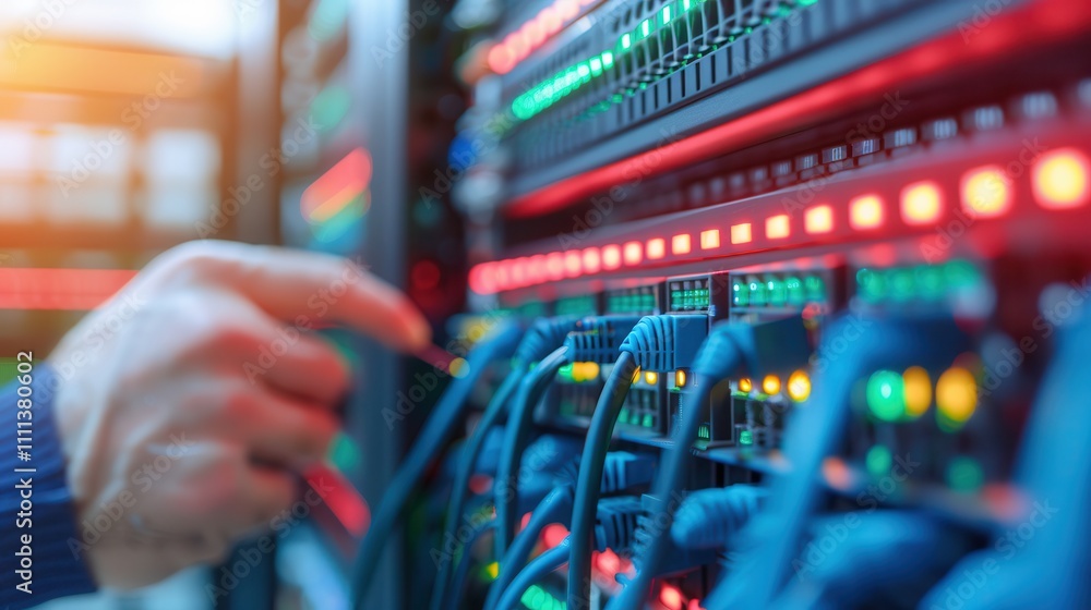 Fiber optic enables precise monitoring. Network cables in a server room ...