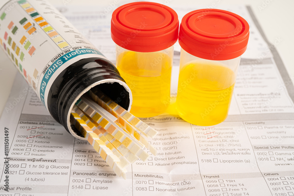 Urinalysis, urine cup with reagent strip pH paper test and comparison ...