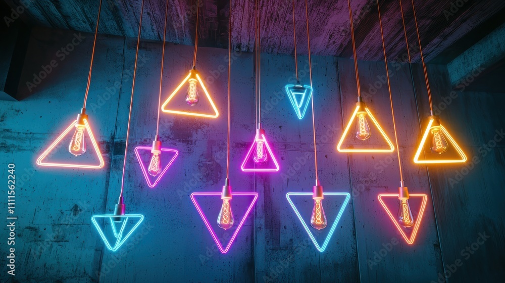 Neon lightbulbs in triangle and diamond shapes hanging overhead for a ...
