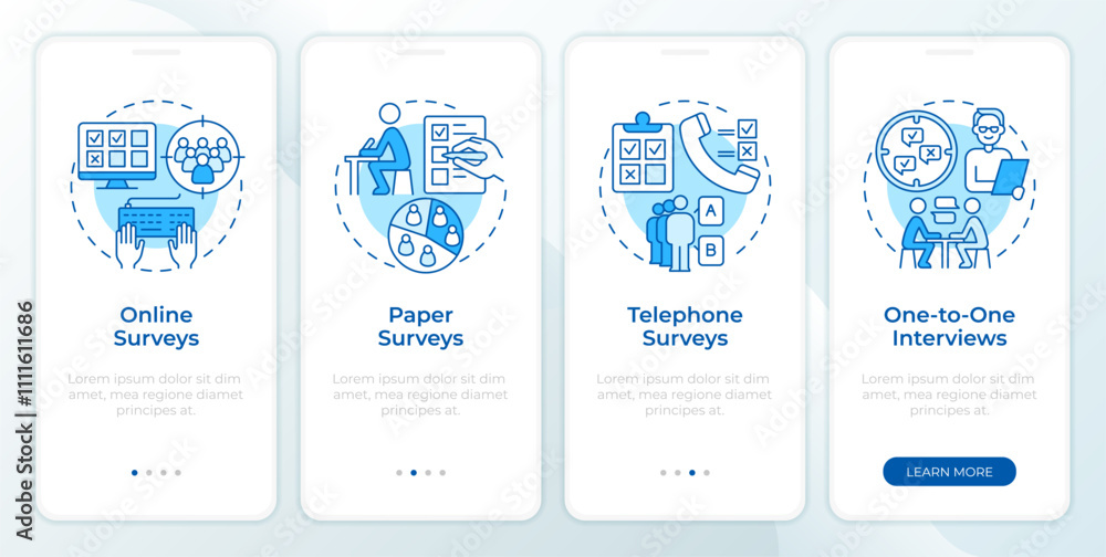 Research survey types blue onboarding mobile app screen. Walkthrough 5 ...