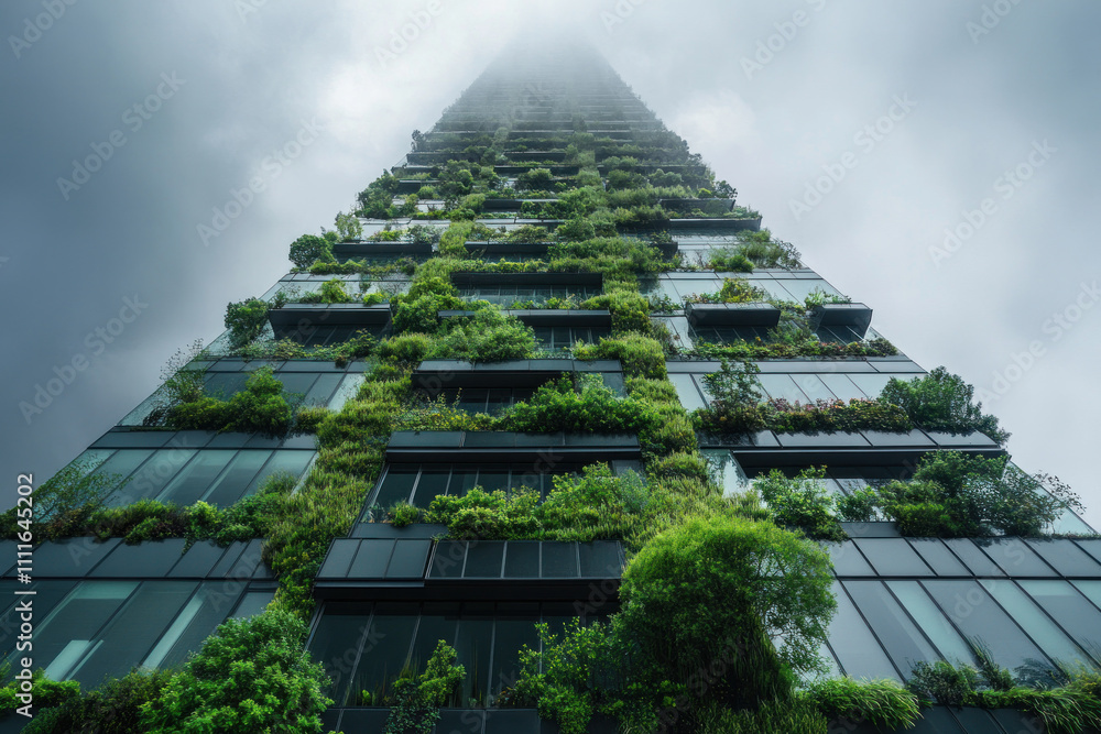 Tall building covered with green plants growing vertically on its side ...