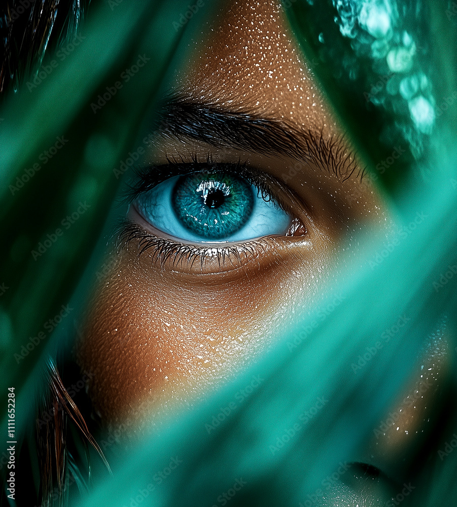 A woman's eye is captured in a close-up shot, with the leaf behind her ...