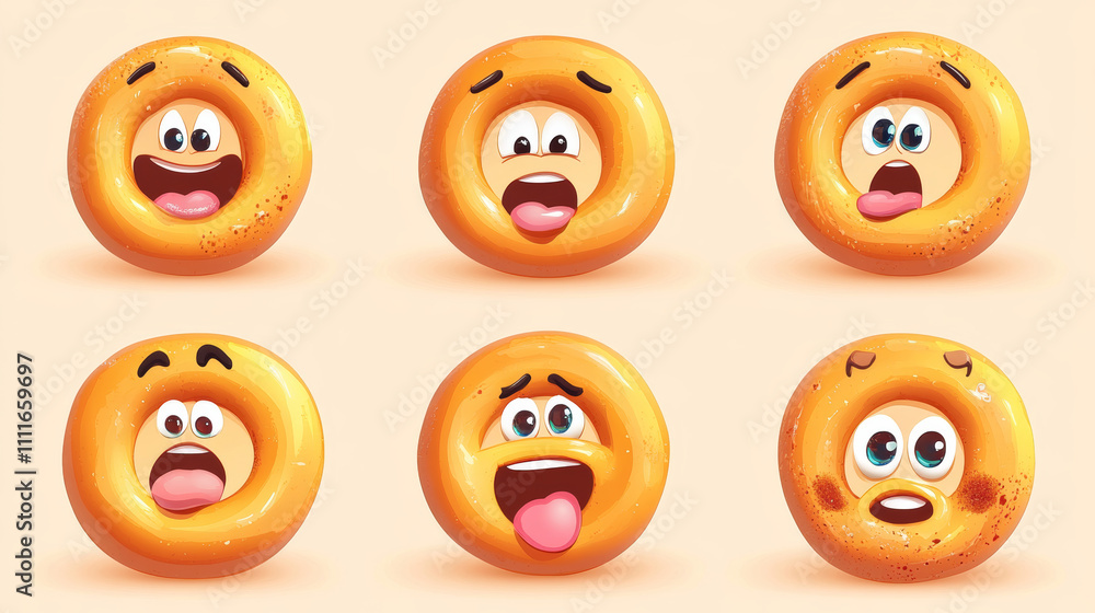 Cute bagel character face emoji set. Cartoon kawaii bakery with poppy ...