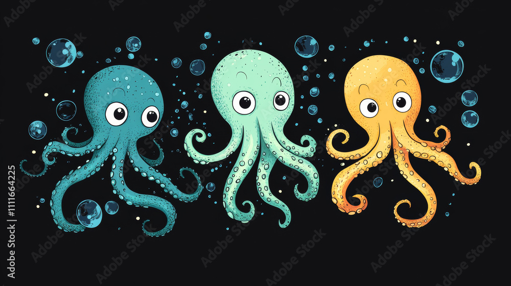 Octopus characters set isolated on black background. Vector cartoon ...