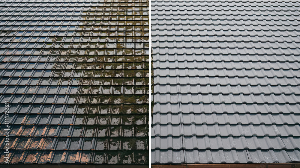Side-by-side comparison of a dirty moss-covered roof and a clean, well ...