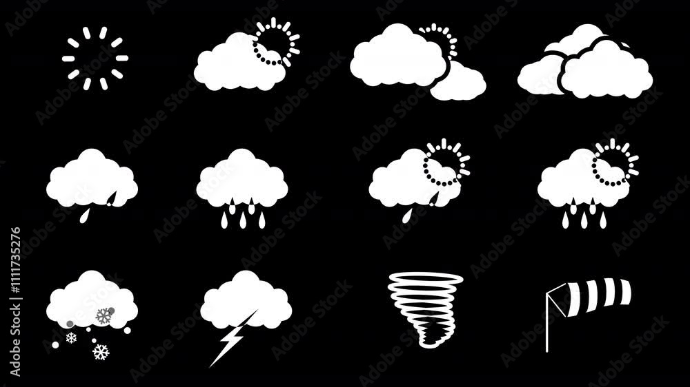 12 Weather Icons Animated Loop on Transparent Background - White Fill ...