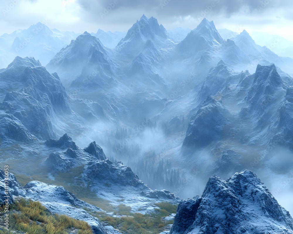 Misty, snow-capped mountainscape with valleys and low-lying clouds ...