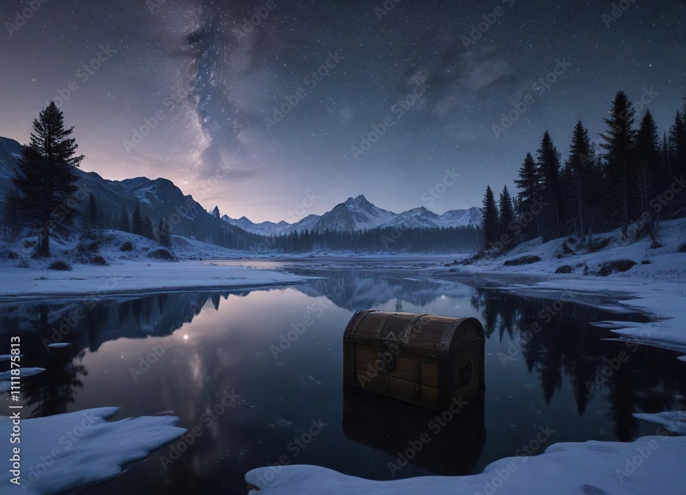 A starry night sky above a frozen pond with a treasure chest in the ...