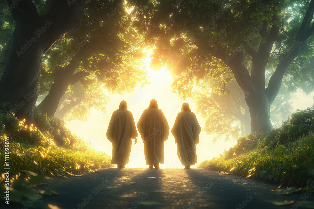 3D Jesus with Disciples on the Road to Emmaus, Glowing Paths and ...