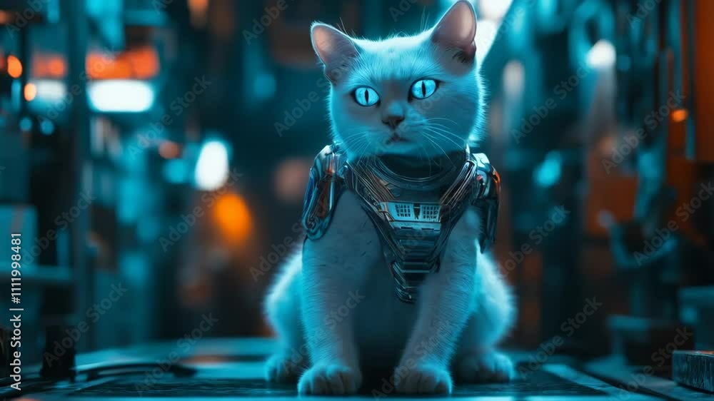 Robot cat with realistic body on blurred background. Cute robotic pet ...