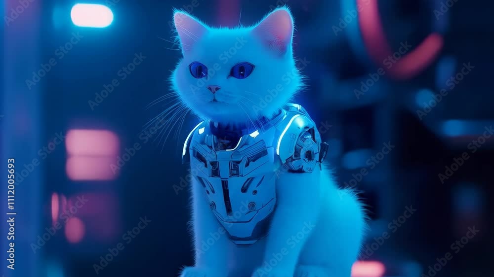 Robot cat with realistic body on blurred background. Cute robotic pet. Futuristic mechanical ...