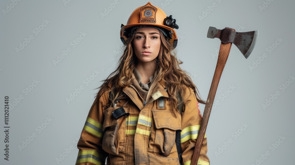 A full-body shot of a female firefighter in turnout gear, holding an ...