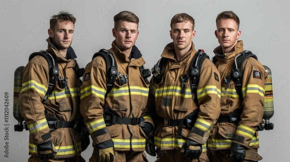 Four firefighters posing together in their uniforms, showcasing a ...