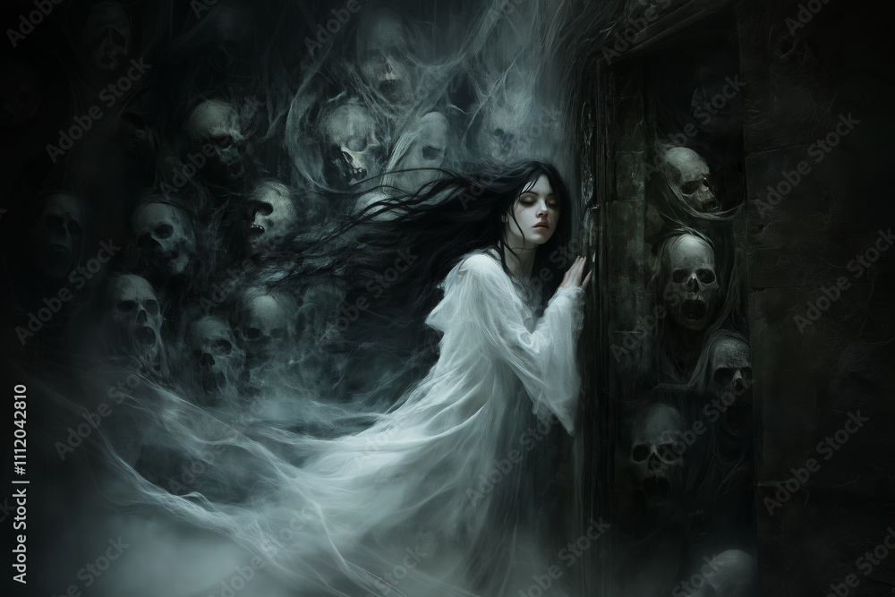 Dark enchantress steps through haunted door into a realm of shadows and ...