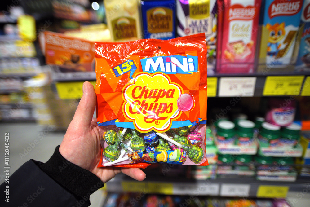 Minsk, Belarus. Nov 10, 2024. Chupa Chups mini lollipops candy pack ...