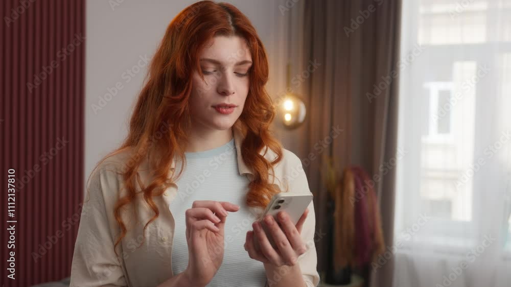 Caucasian woman female hold mobile phone scrolling touch smartphone ...
