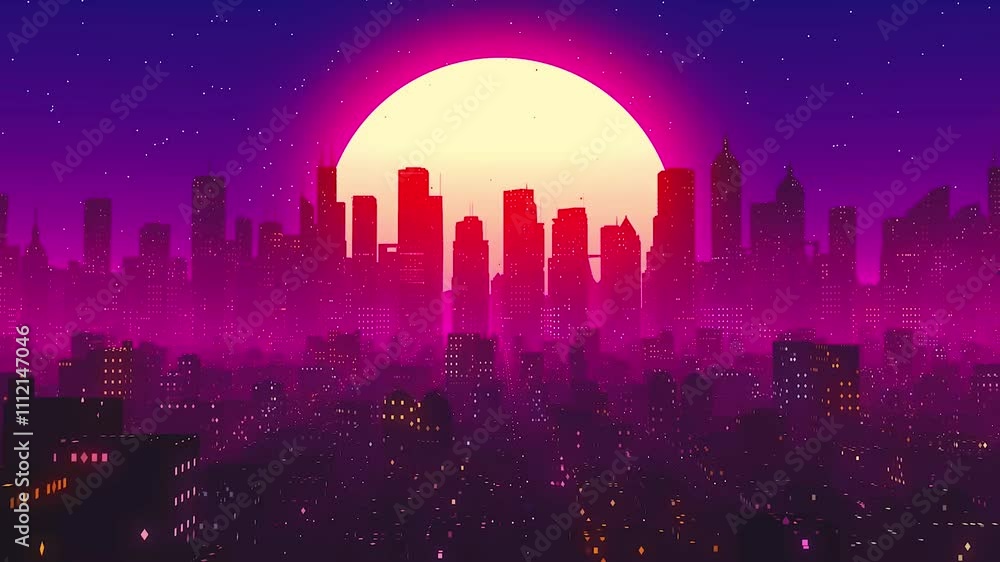 retro-futuristic 80s style with neon city backgrounds. Seamless loop of ...
