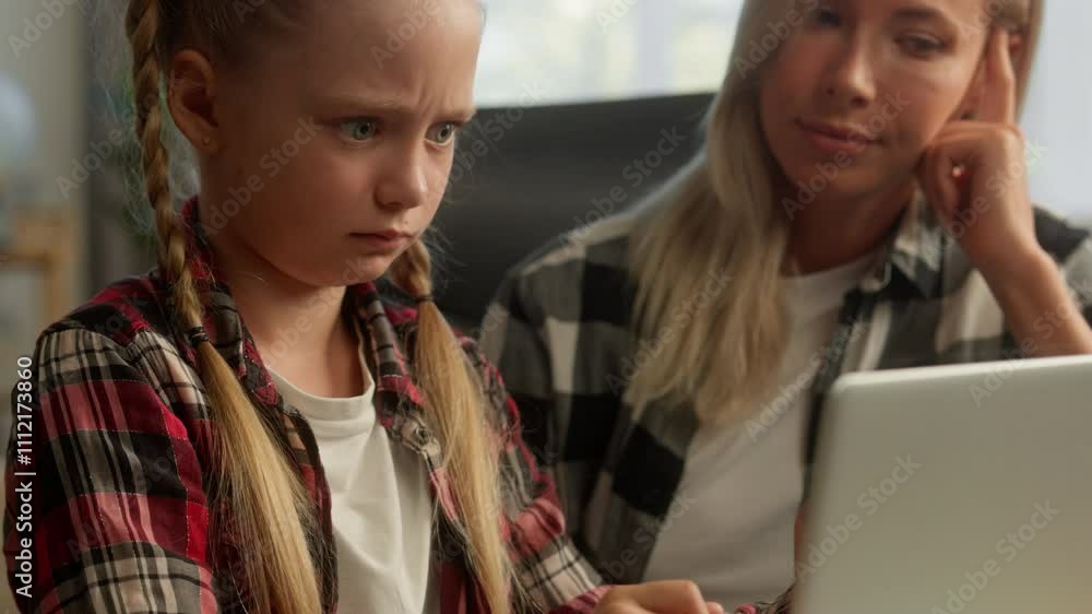 Frustrated Caucasian child bored little girl kid daughter schoolgirl ...