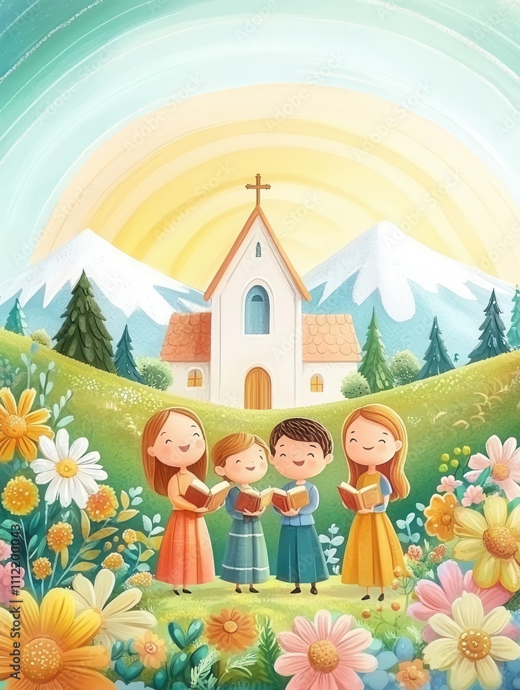 Choir singing a hymn at sunrise service, picturesque church hill ...