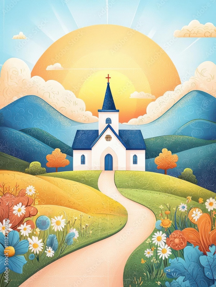 Choir singing a hymn at sunrise service, picturesque church hill ...