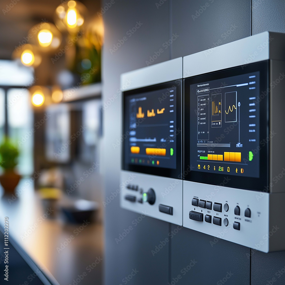 Modern digital control panels displaying data and graphs in sleek ...