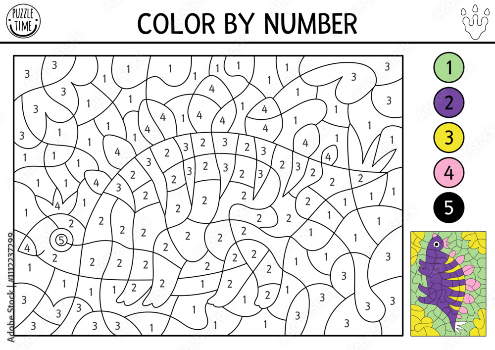 Vector dinosaur color by number activity with stegosaurus. Prehistoric ...