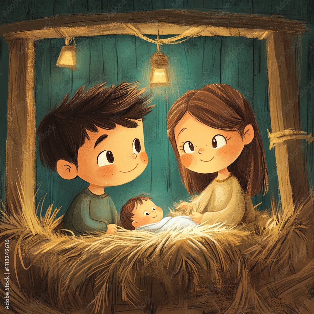 María y José en el establo, el niño Jesús en la cuna, navidad Stock ...