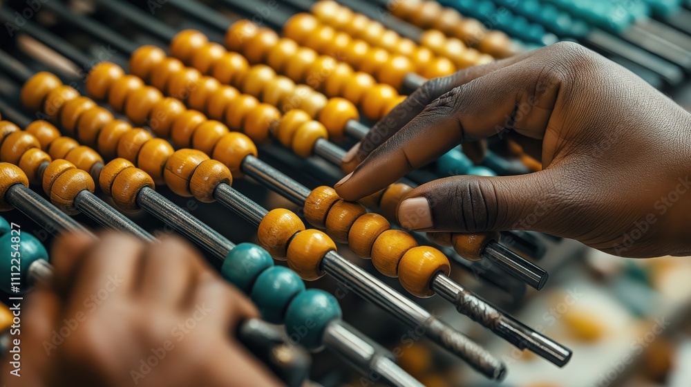 Close-up of hands using a traditional abacus with yellow and teal beads ...