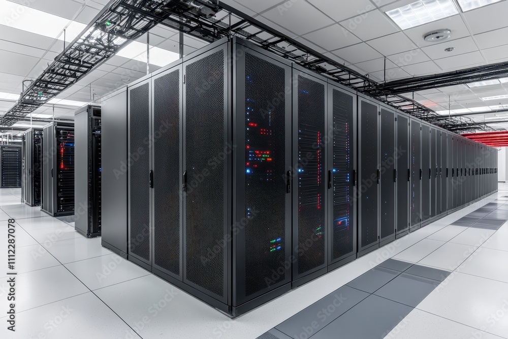 Modern data center server room; rows of powerful servers store ...