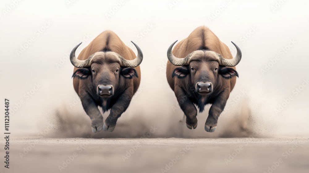 Two buffaloes charging towards the viewer on a dusty landscape with ...