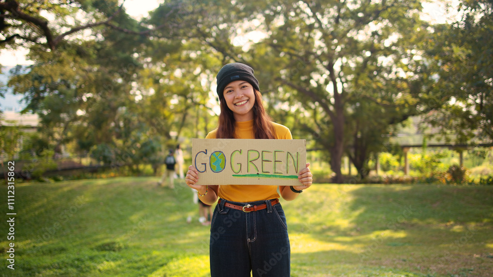 Go green Gen Z woman asia young people smile looking at camera showing ...