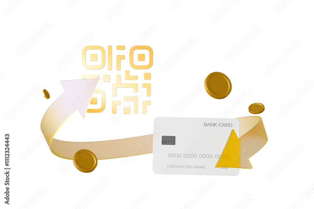 White bank card with golden coins, arrows, and a QR code on a clean ...