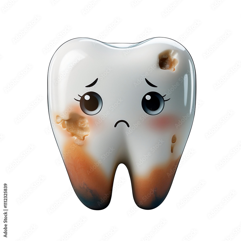 Sad kawaii style cartoon tooth with visible cavities and decay ...
