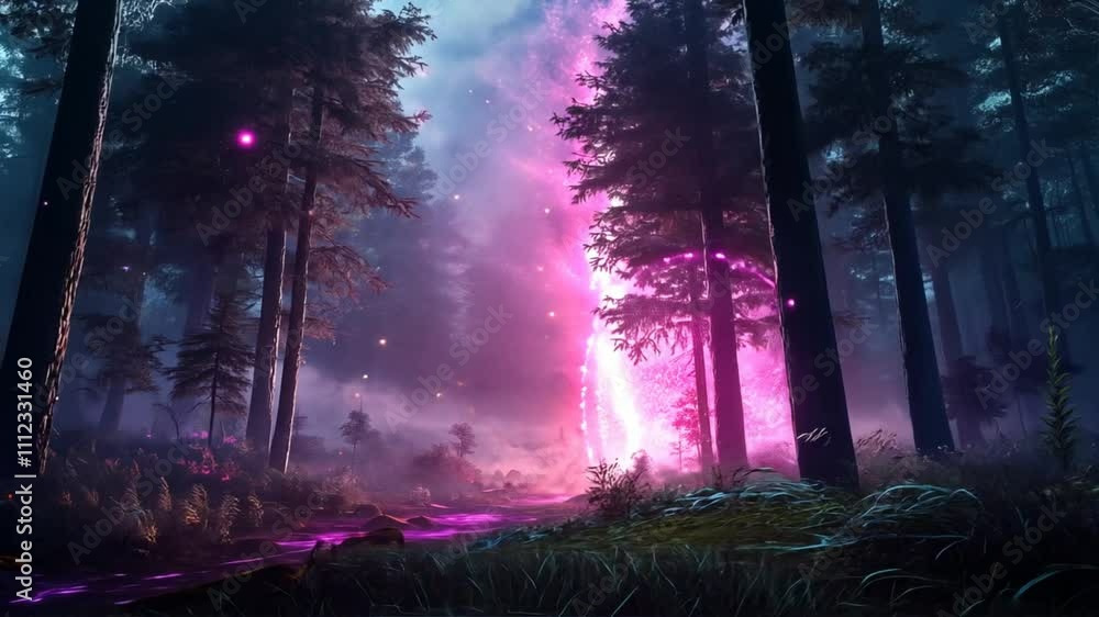Mystical forest illuminated by vibrant pink and purple glowing light ...