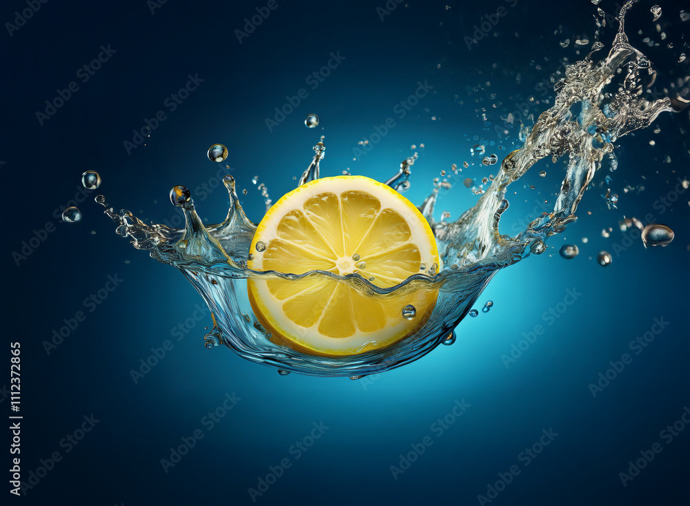 A vibrant lemon slice creates a dynamic splash in clear water against a ...