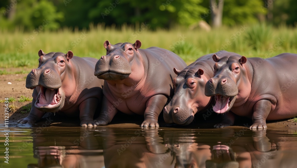 Overweight and obese hippos are depicted playfully and contently Stock ...