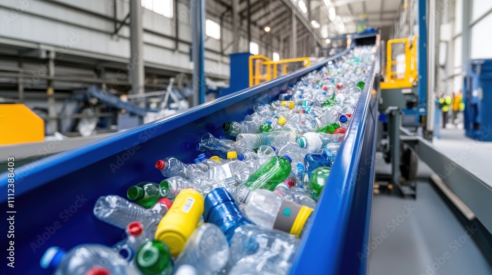 Recycling plant conveyor belt loaded with plastic bottles, illustrating ...
