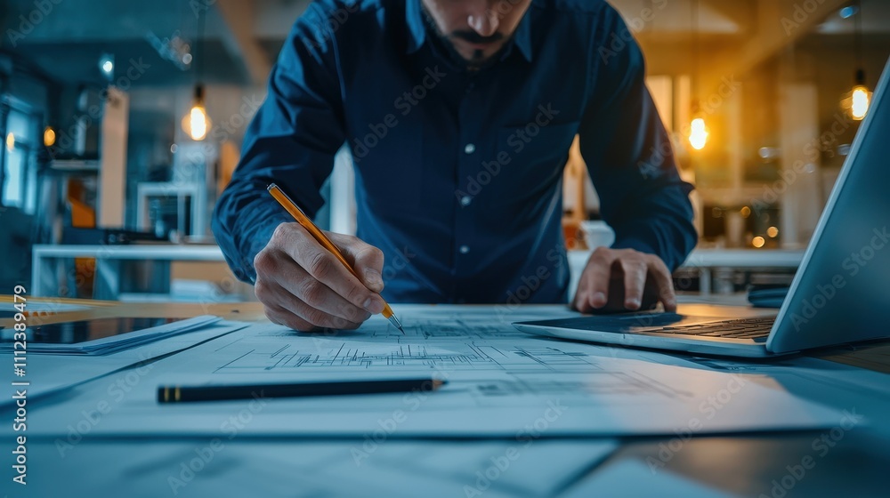 Engineer designing cad drawings in modern office space creative ...