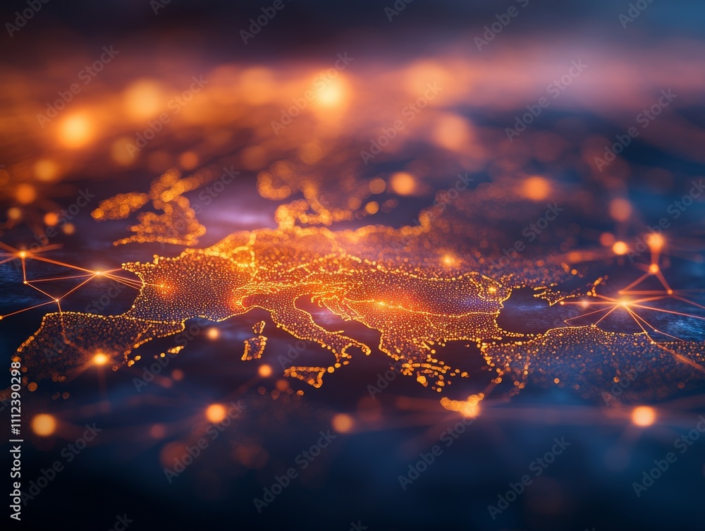 A wide-angle view reveals a glowing digital map of Europe illuminated ...