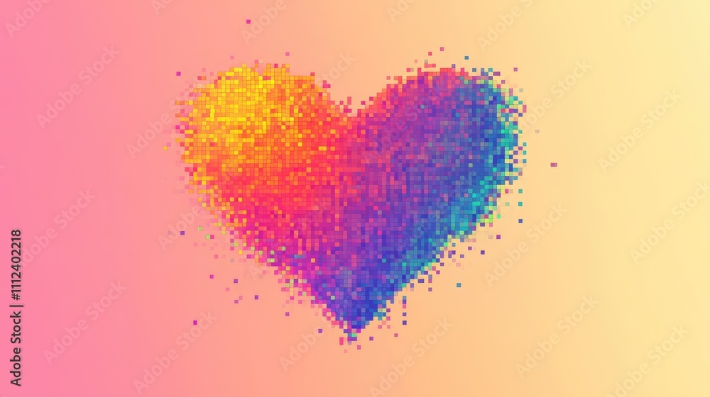 A symmetrical pixel art heart design, composed of colorful pixels ...