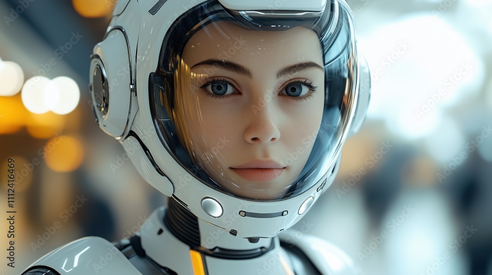 Hyperrealistic female android face in space helmet. Young woman cyborg ...